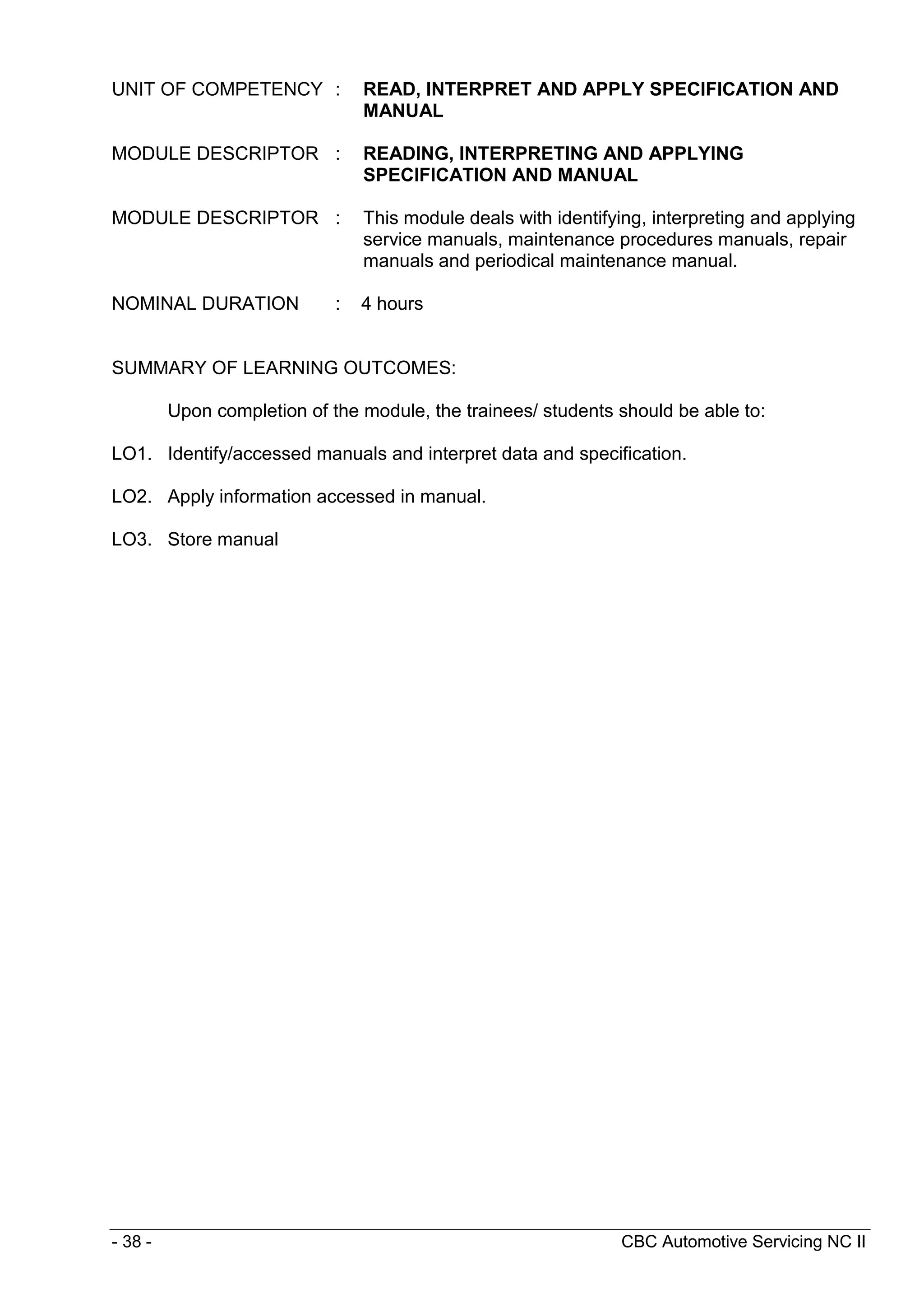 CBC Automotive Servicing NC II | DOCX | Auto Repair | Automotive