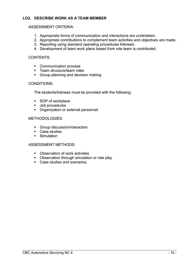 CBC Automotive Servicing NC II | DOCX | Auto Repair | Automotive