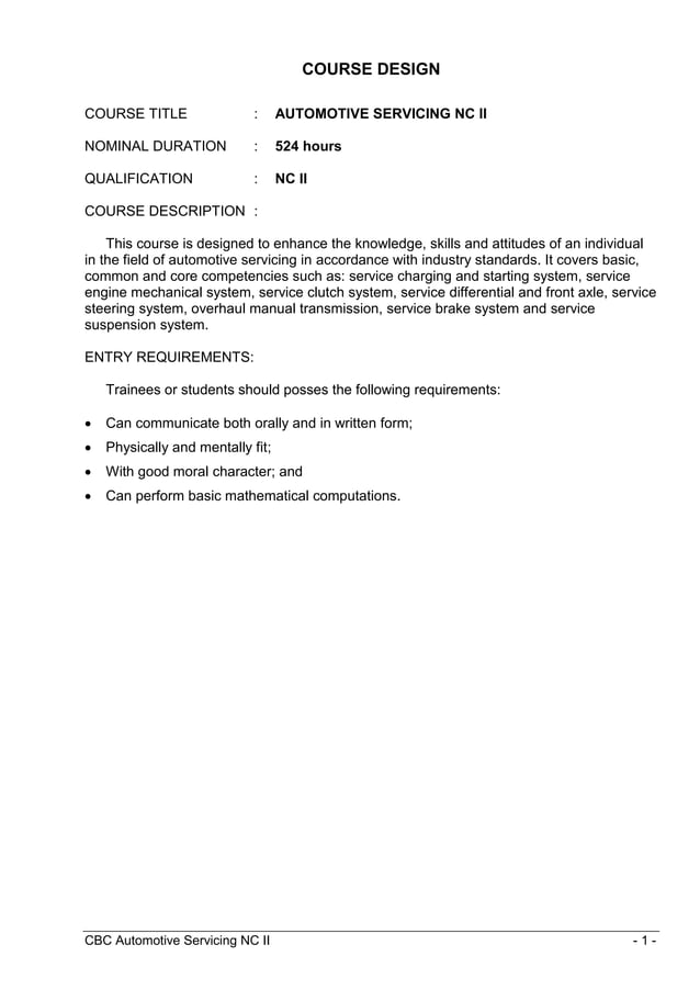 CBC Automotive Servicing NC II | DOCX | Auto Repair | Automotive