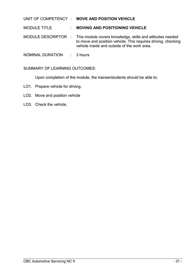 CBC Automotive Servicing NC II | DOCX | Auto Repair | Automotive