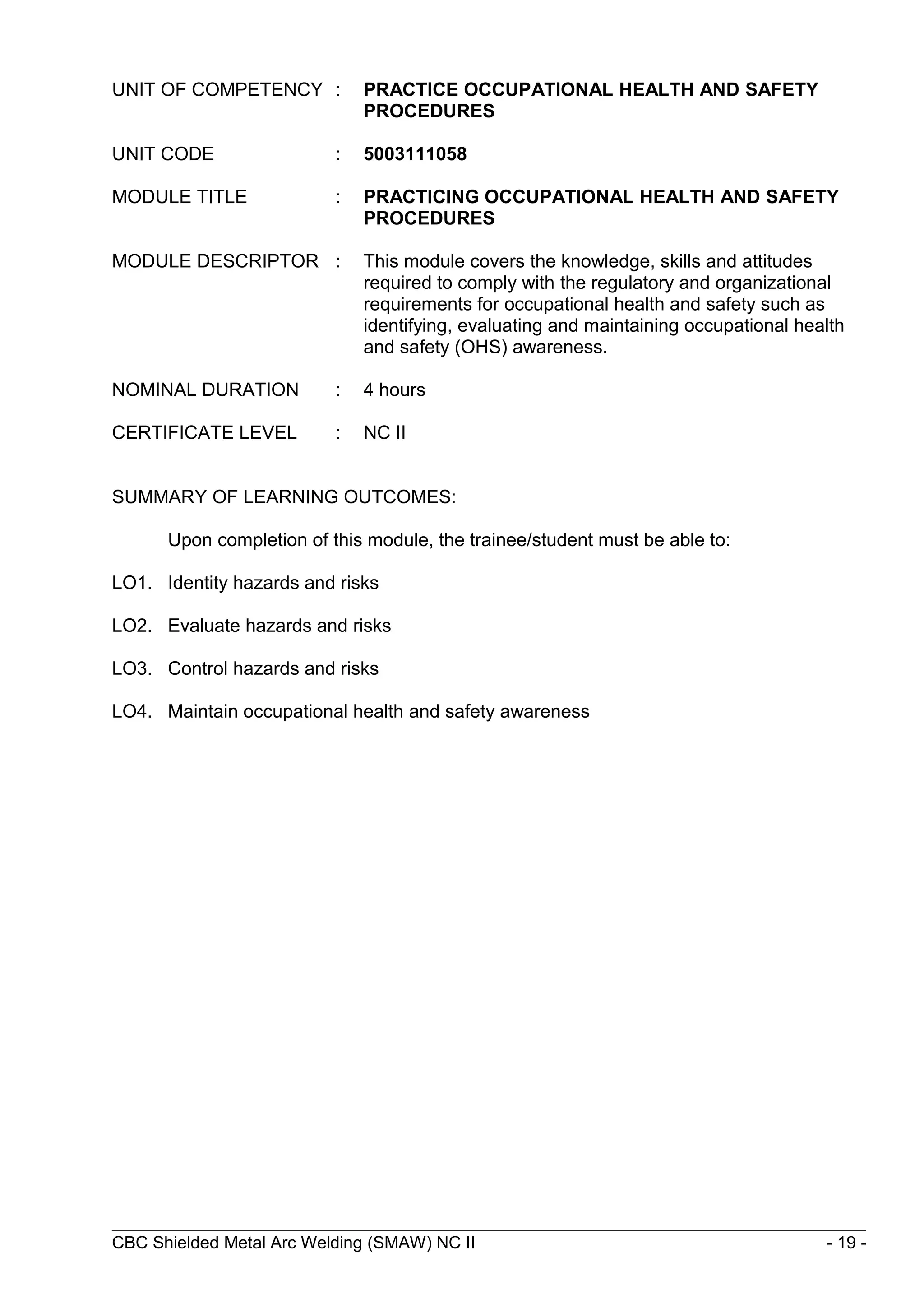 Cbc shielded metal arc welding nc ii | DOC