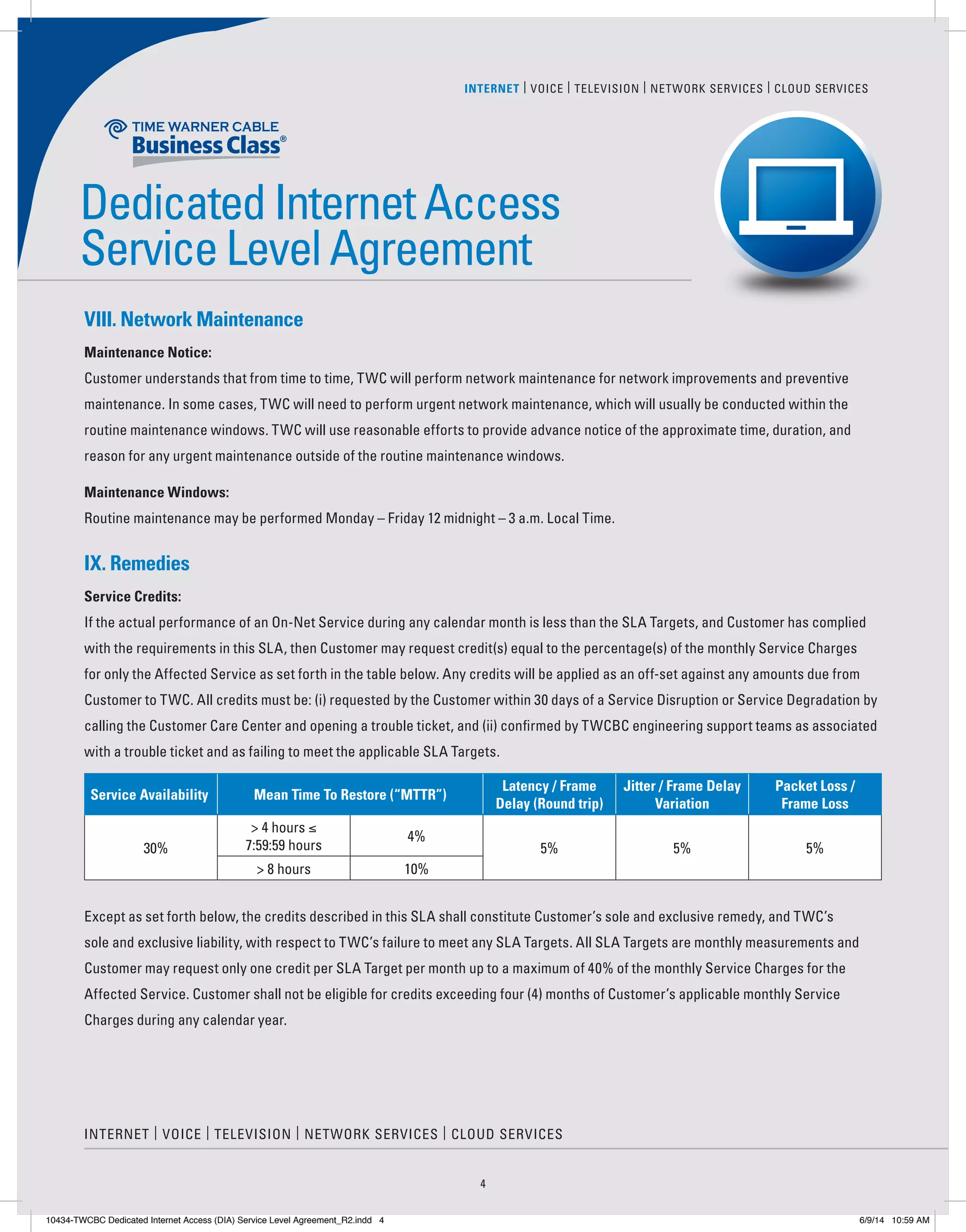 TWCBC Dedicated Internet Access (DIA) Service Level Agreement_FINAL | PDF TWCBC Dedicated Internet Access (DIA) Service Level Agreement_FINAL | PDF