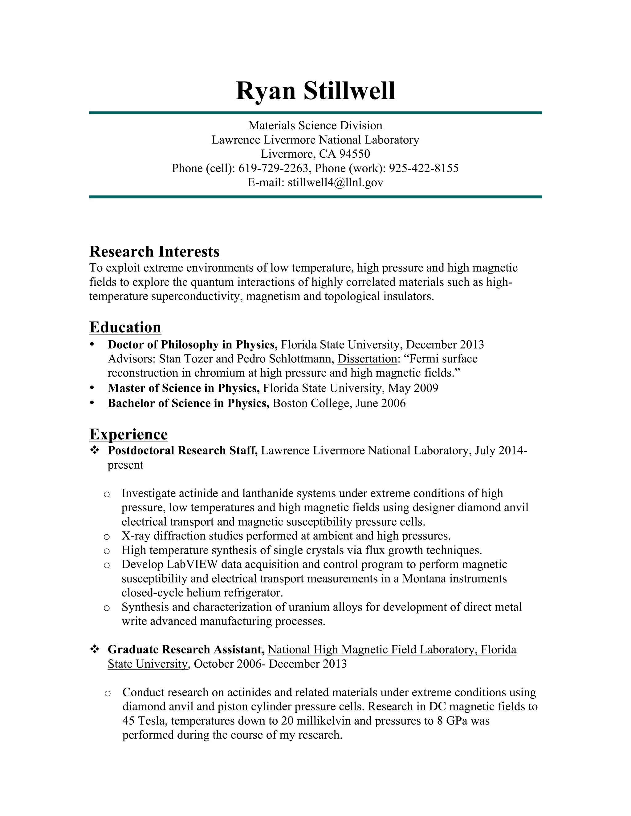 Ryan Stillwell CV | PDF