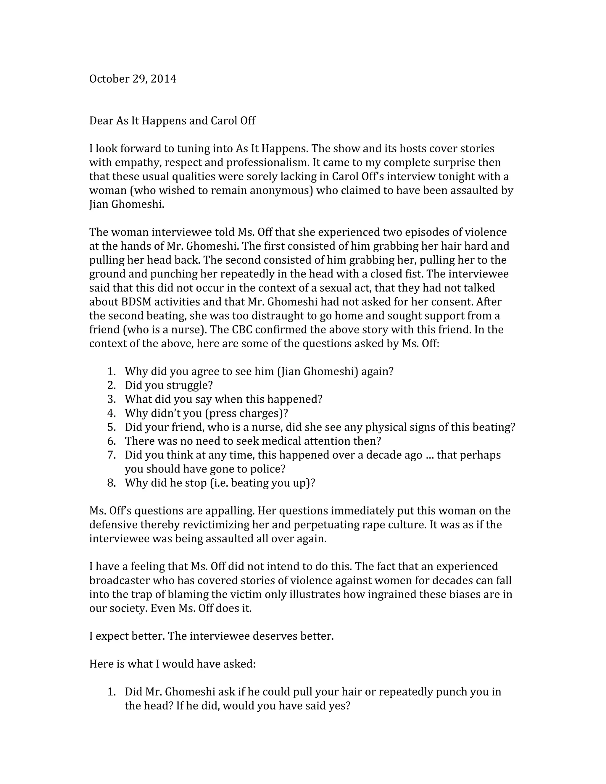 Response Carol Off's interview of woman who alleges Jian Ghomeshi ...