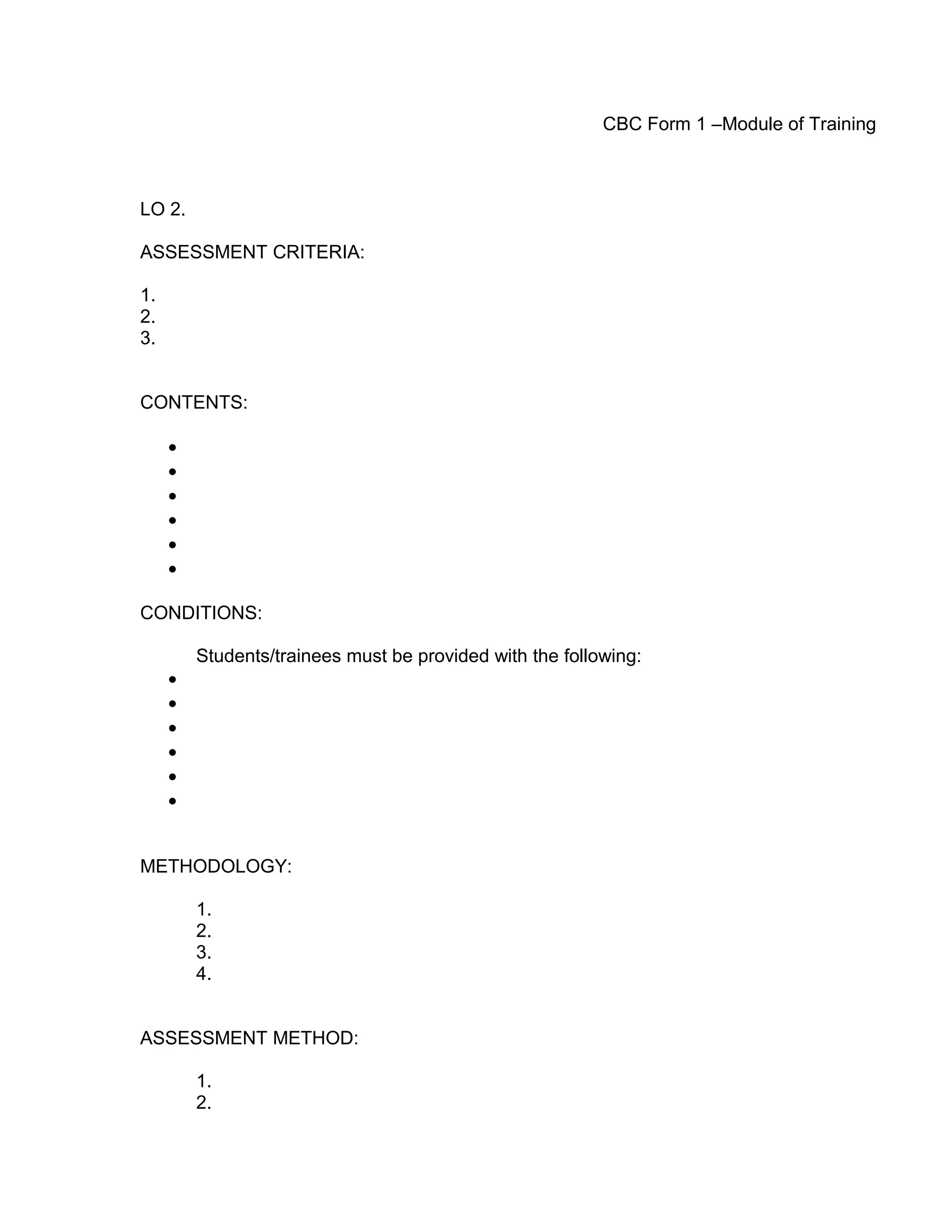 Cbc form 1 module of training template | DOC