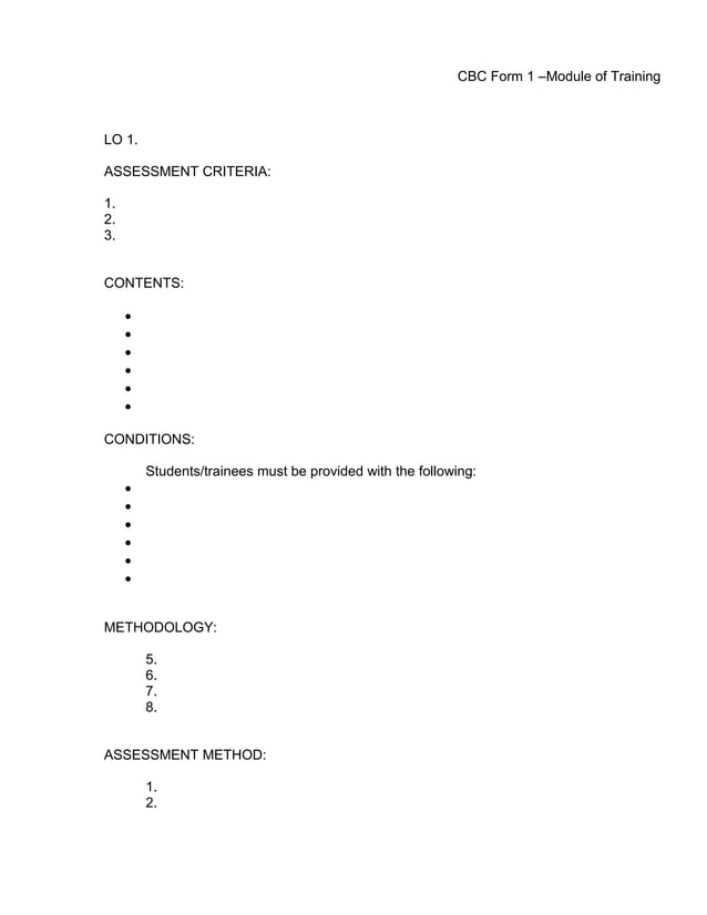 Cbc form 1 module of training template | DOC