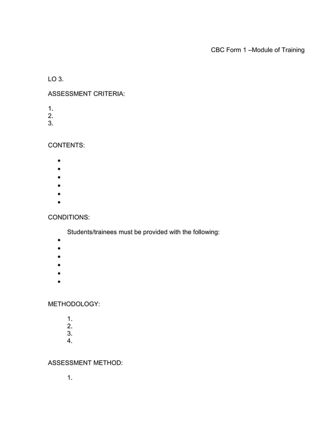 Cbc form 1 module of training template | DOC