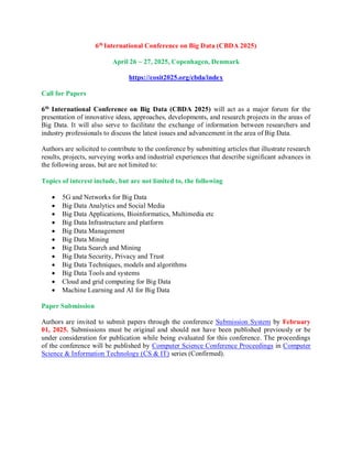 CFP - 6th International Conference on Big Data (CBDA 2025) | PDF