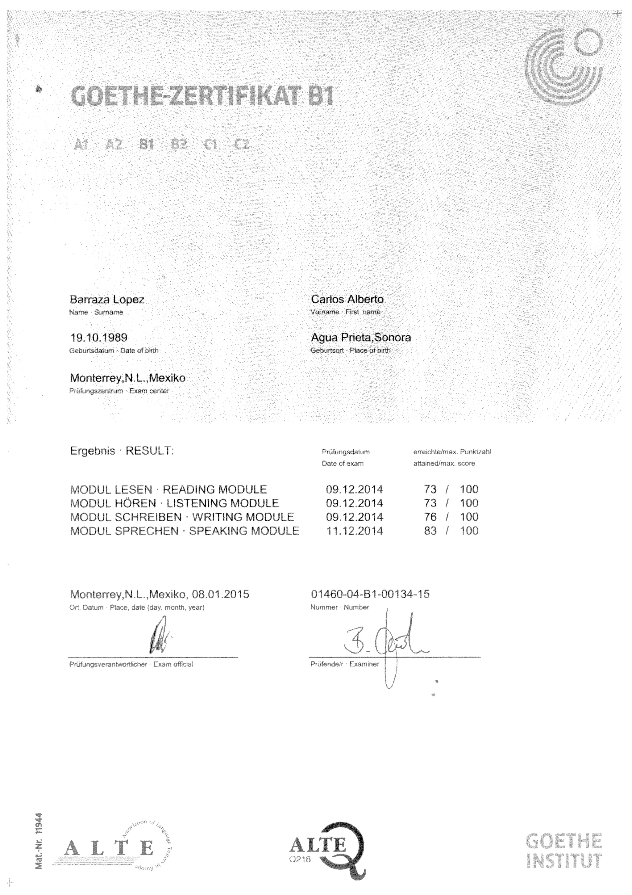 Goethe Institute Certificate | PDF