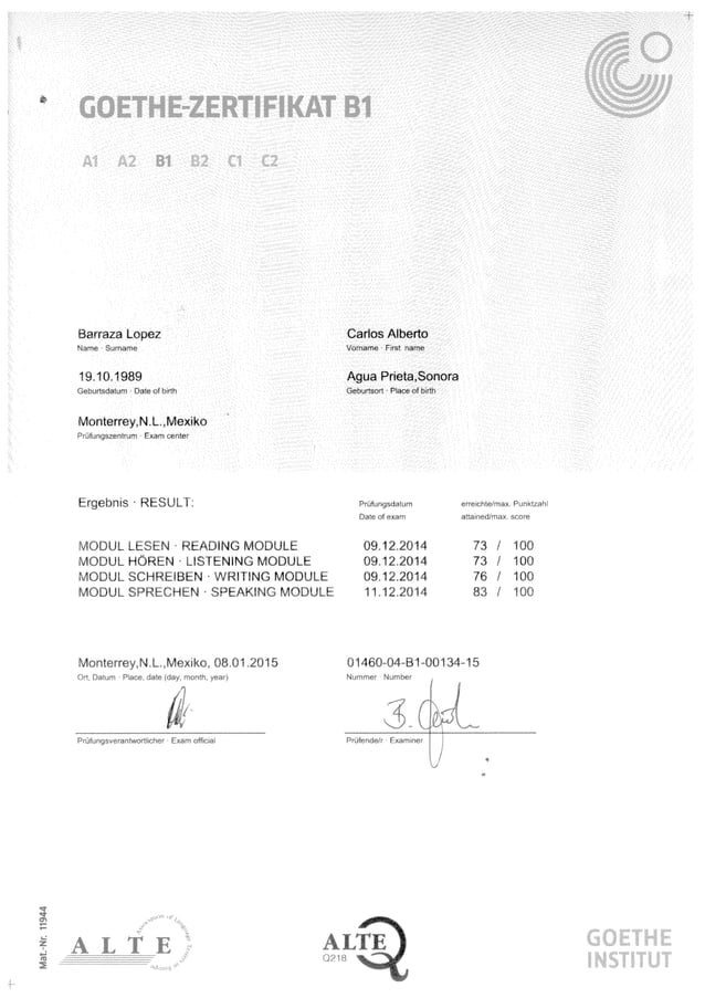 Goethe Institute Certificate | PDF