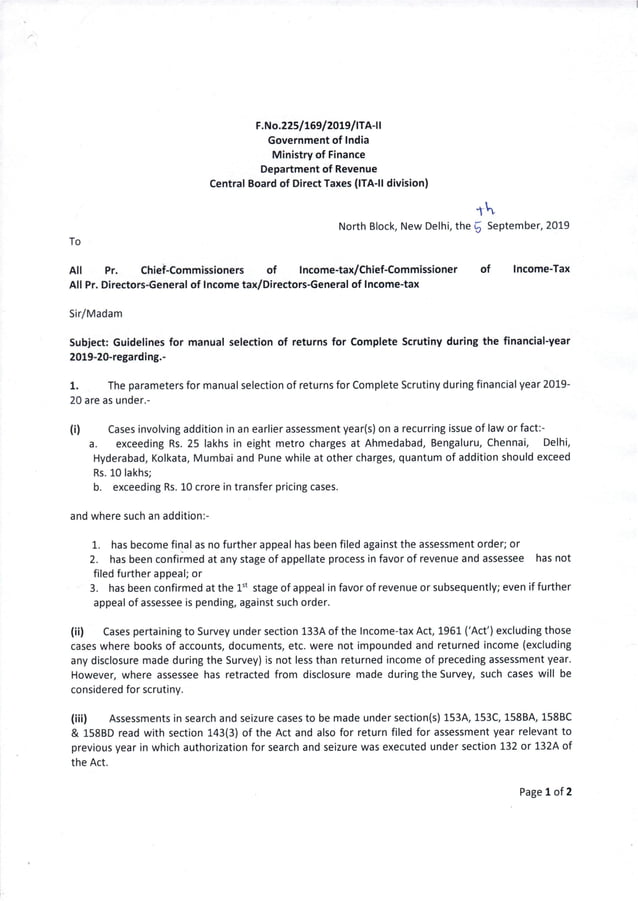 CBDT has issued guideline for manual selection of returns for complete ...