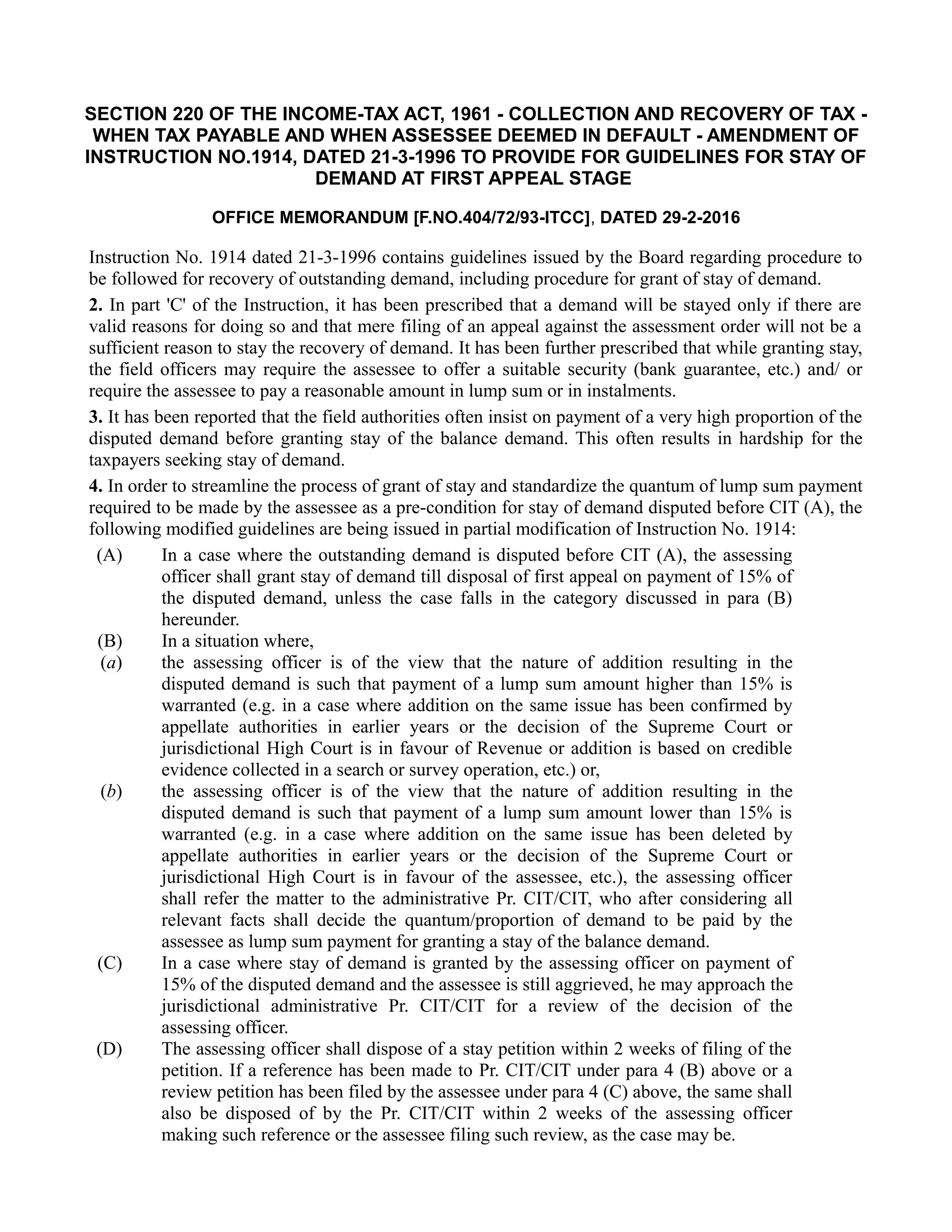 CBDT issues guidelines for stay of demand at the first appeal stage | RTF
