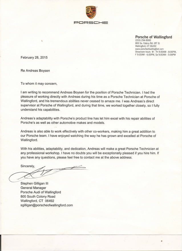 Letter of recom Porsche of Wallingford | PDF