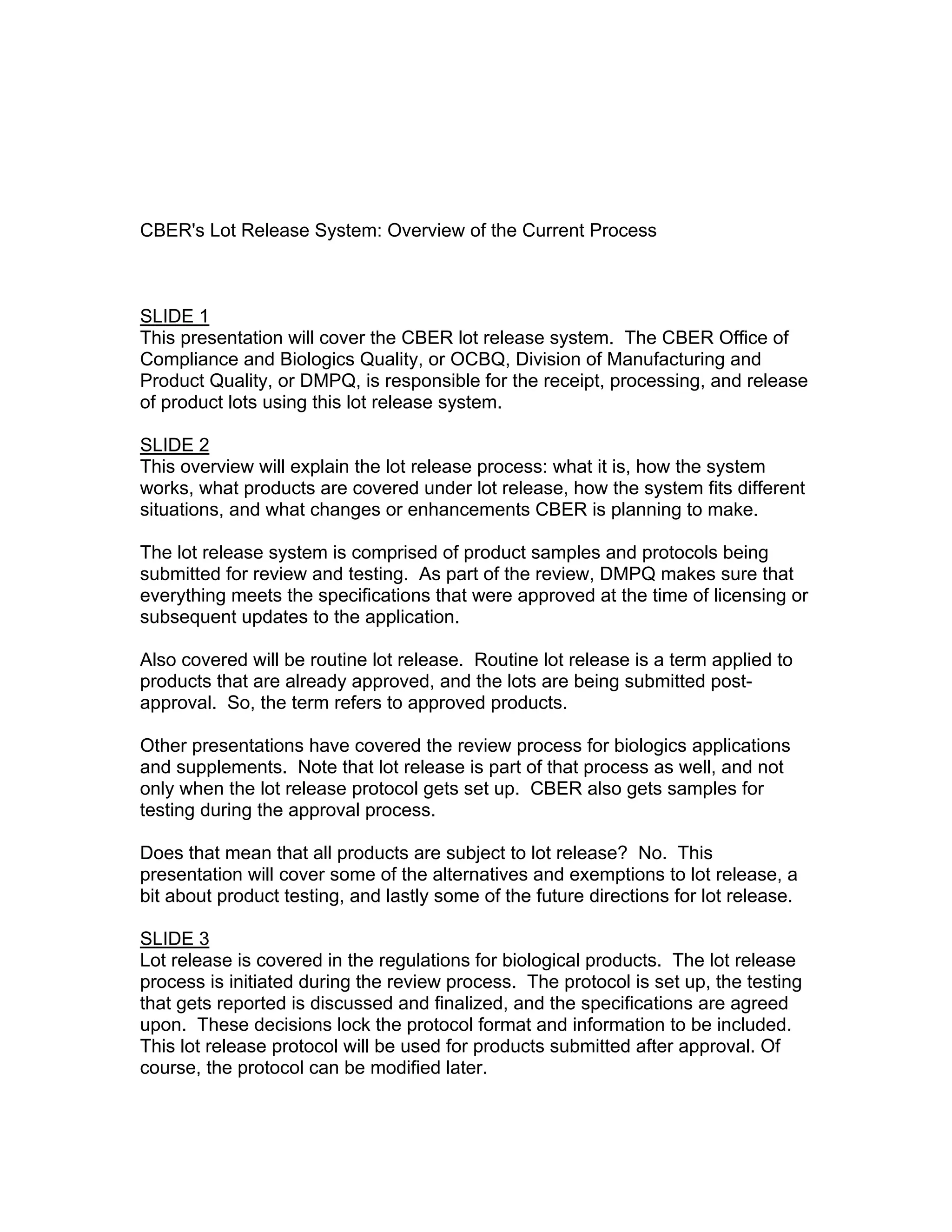 Cber lot release system overview of the current process | PDF