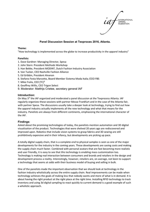 Report Panel Discussion Session at Texproces 2016 | PDF