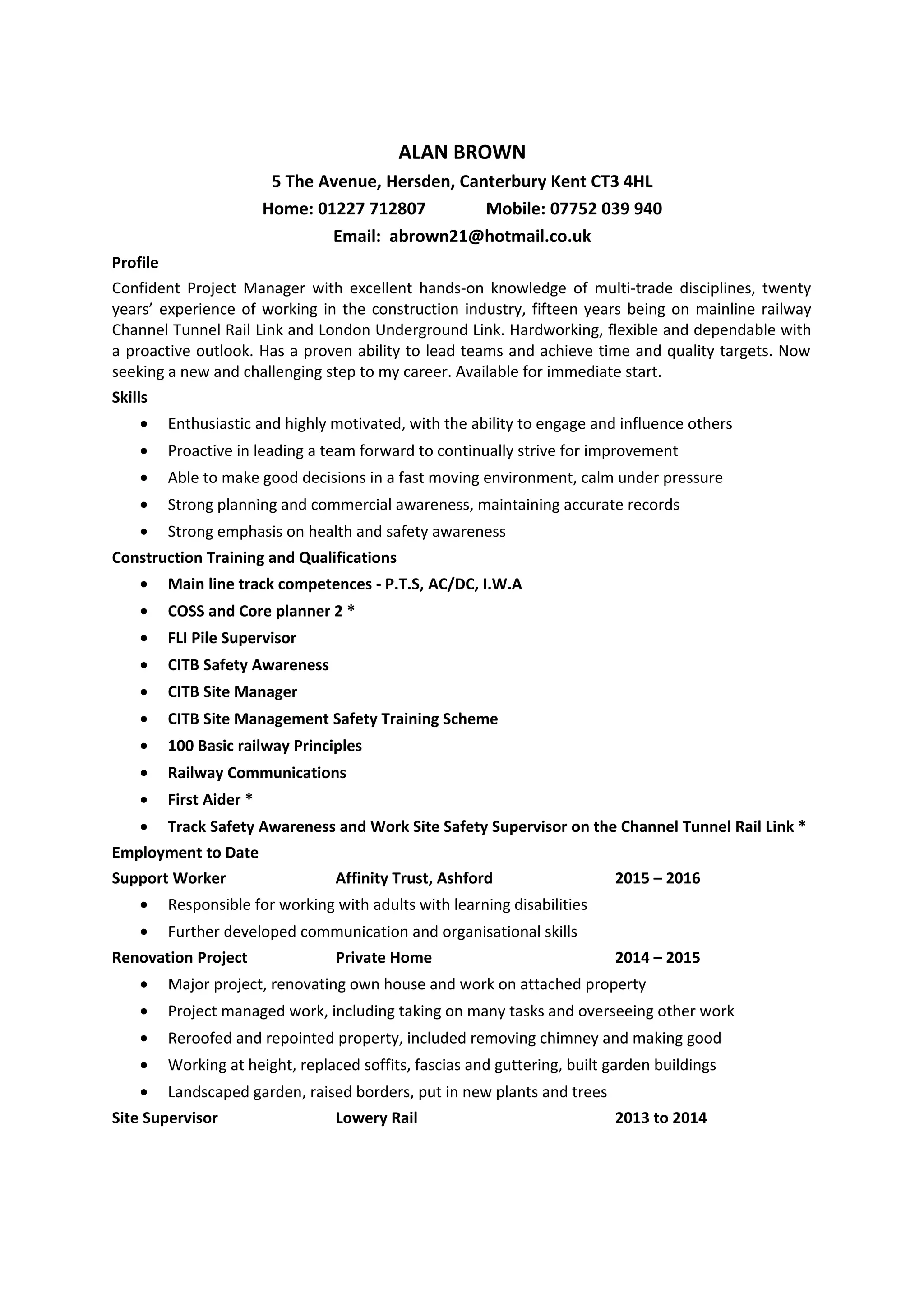 Alan Brown CV 18.07.2016 | Rail Travel | Travel Type