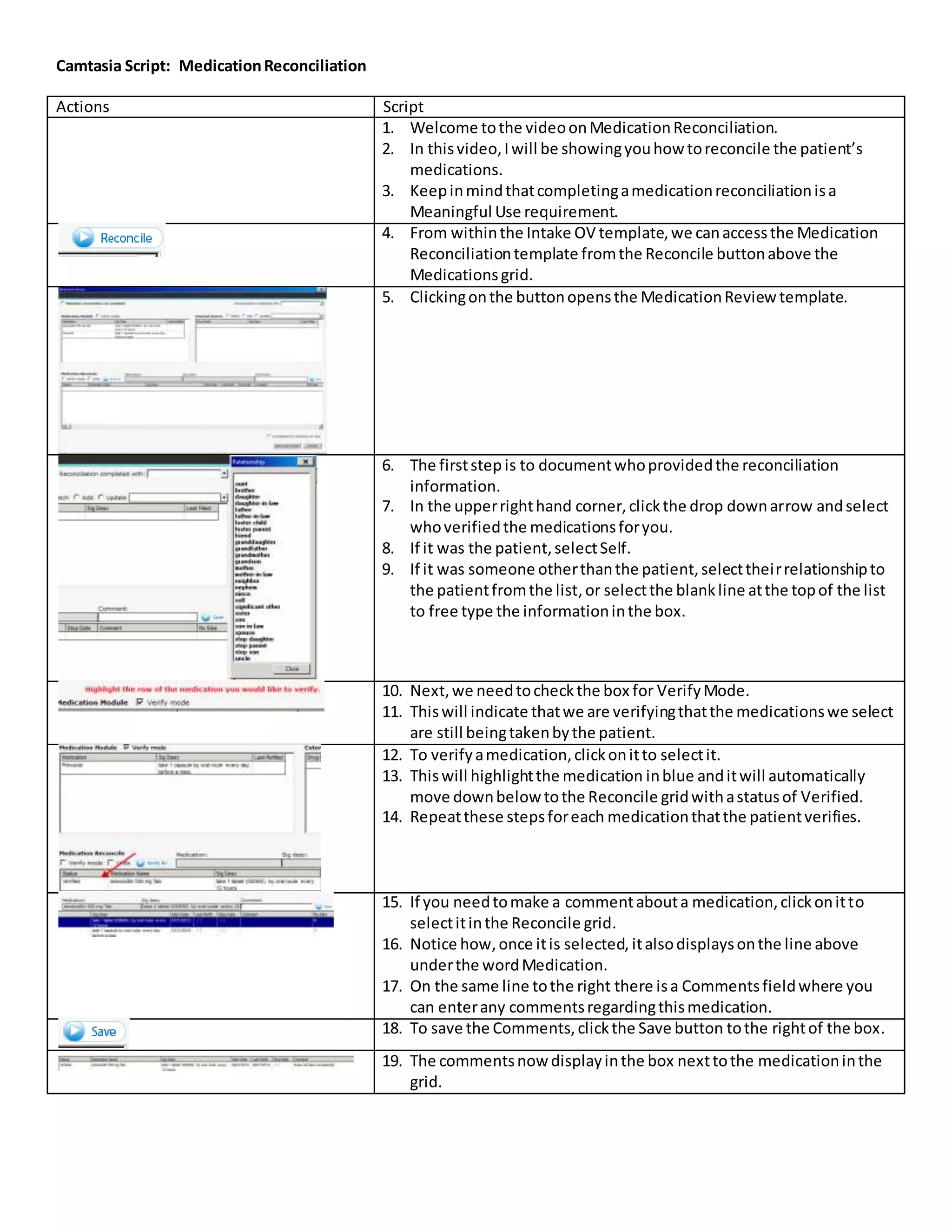 Camtasia Script - EMR - Medication Reconciliation | DOCX | Medical Health