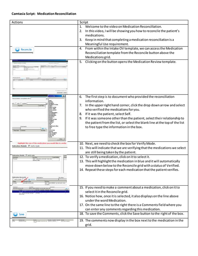 Camtasia Script - EMR - Medication Reconciliation | DOCX | Medical Health