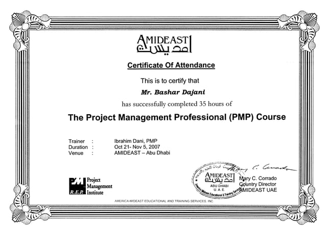 Bashar PMP Course Certificate | PDF