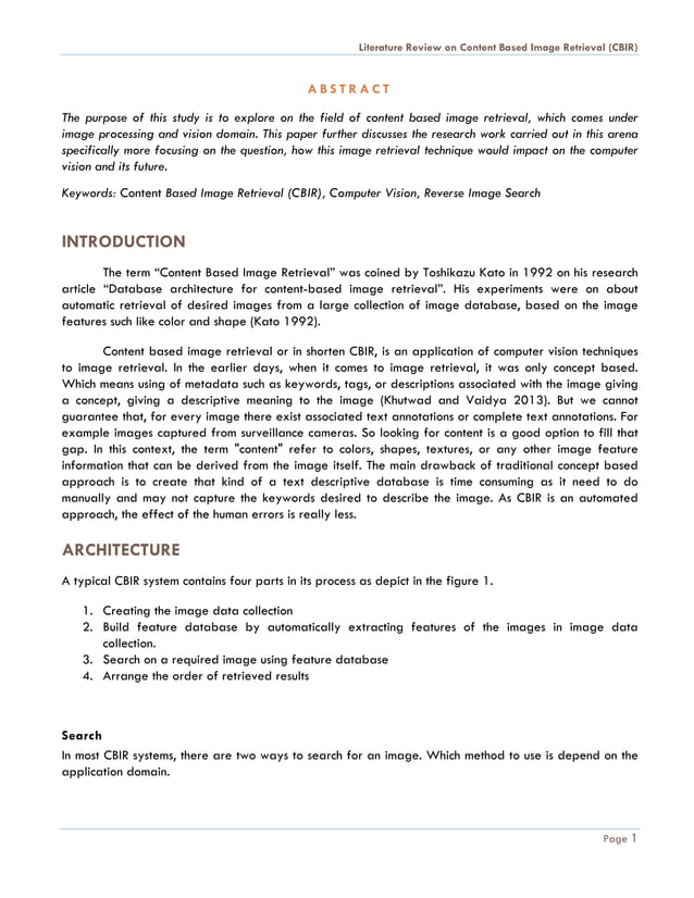 Literature Review on Content Based Image Retrieval | PDF