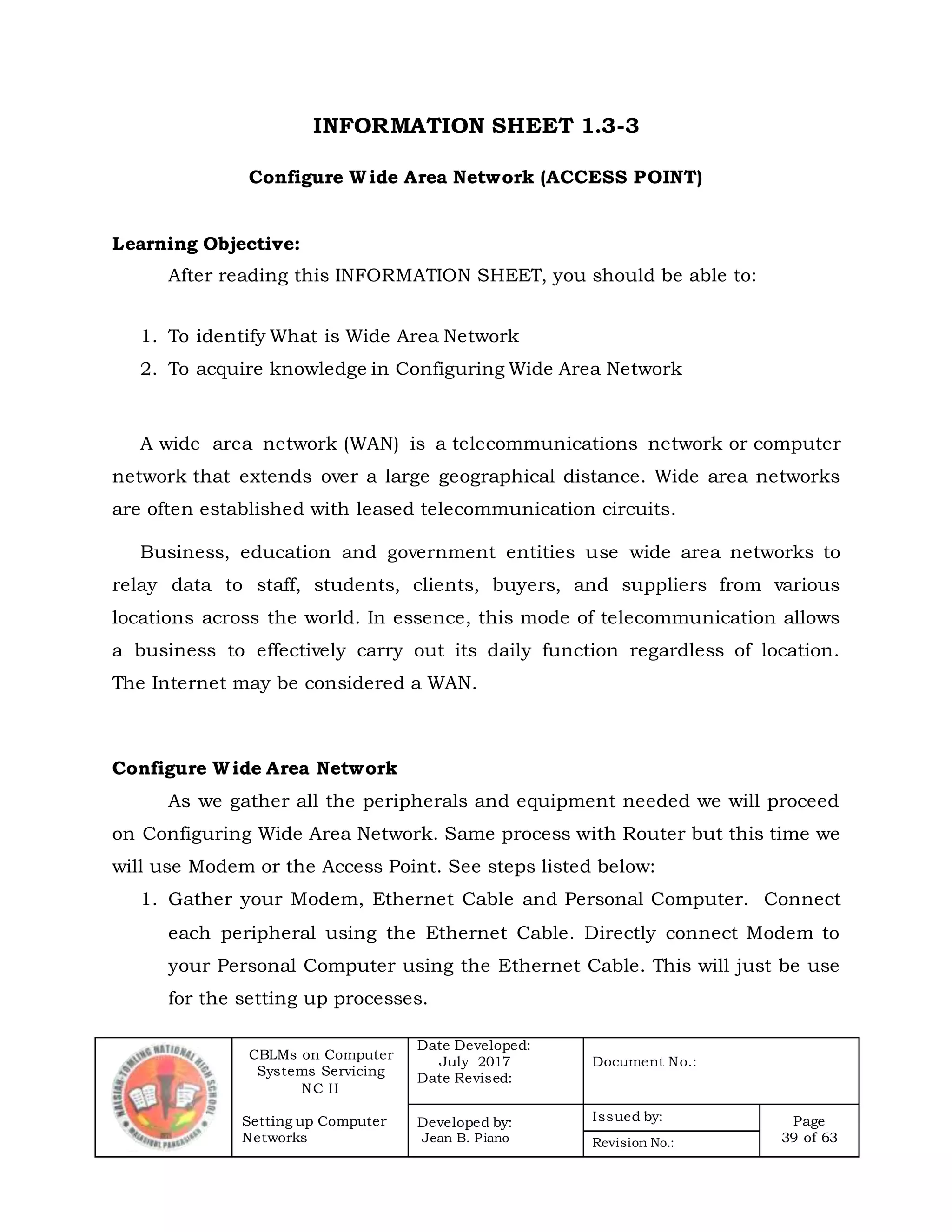 CBLM - Set Up Computer Network (CSS) | DOCX