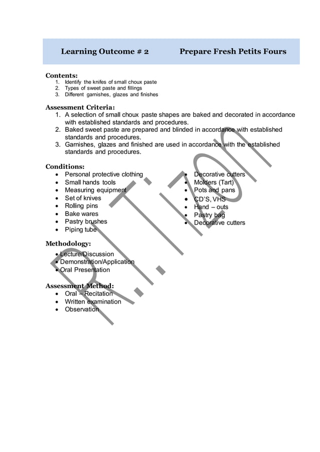 Cblm -bpp_prepare_and_display_petits_fo | DOCX | Desserts and Baking | Food & Drink