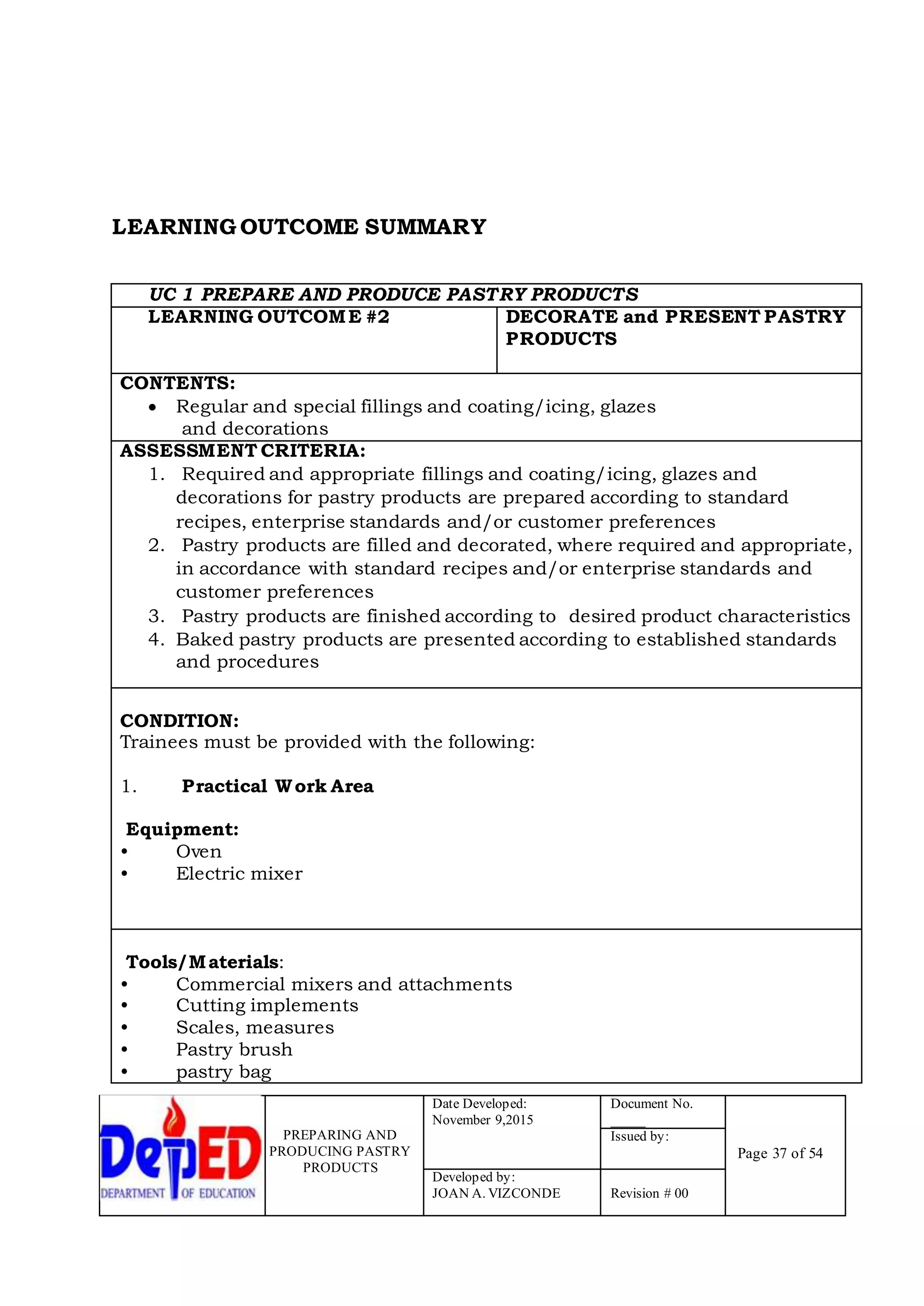 LEARNING MODULE in Bread and Pastry Production-UC2 Prepare and Produce ...
