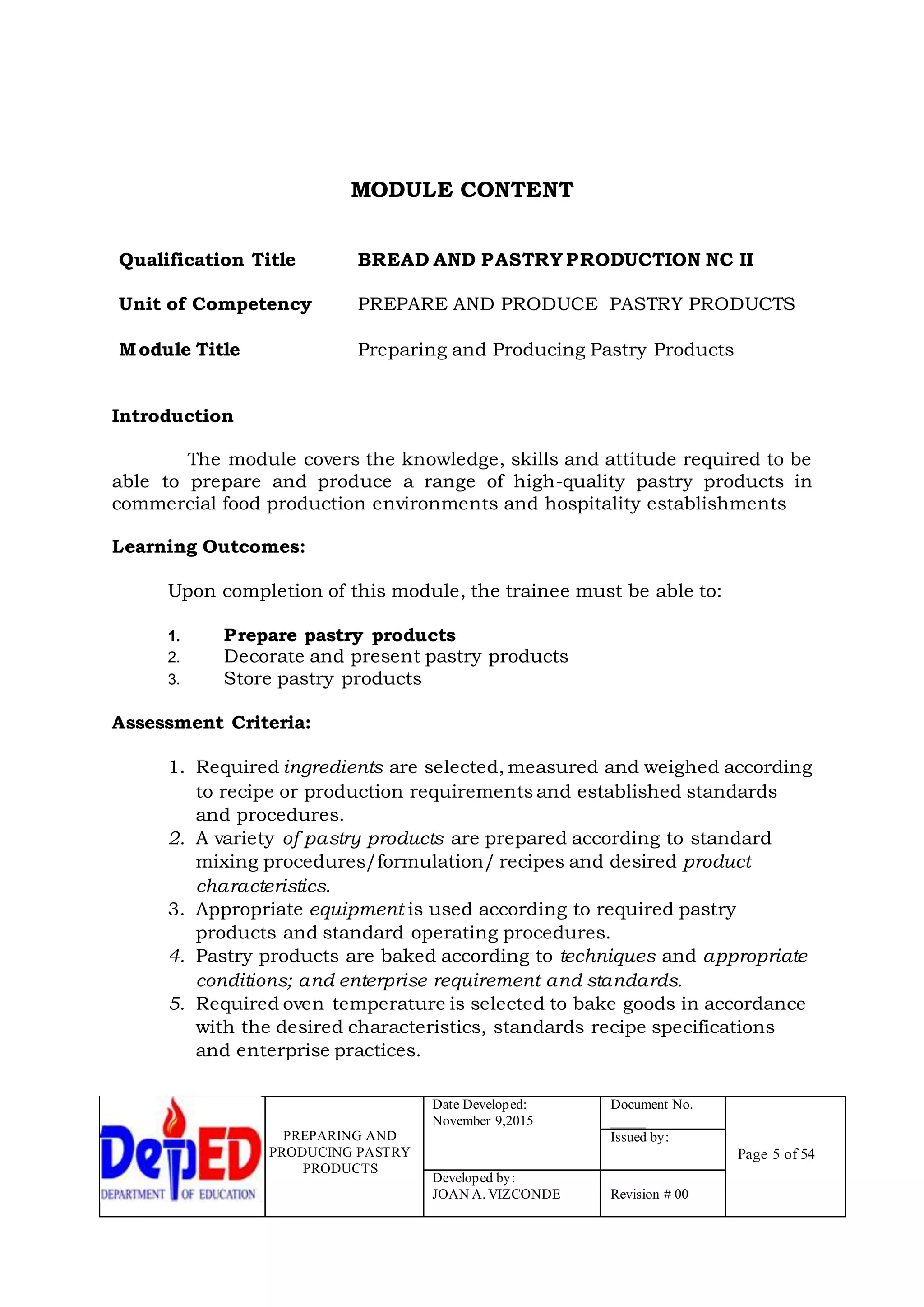 LEARNING MODULE in Bread and Pastry Production-UC2 Prepare and Produce ...