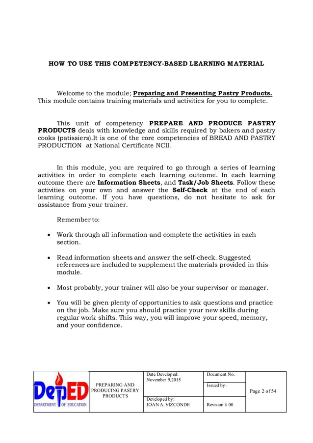 LEARNING MODULE in Bread and Pastry Production-UC2 Prepare and Produce Pastry Products | DOCX