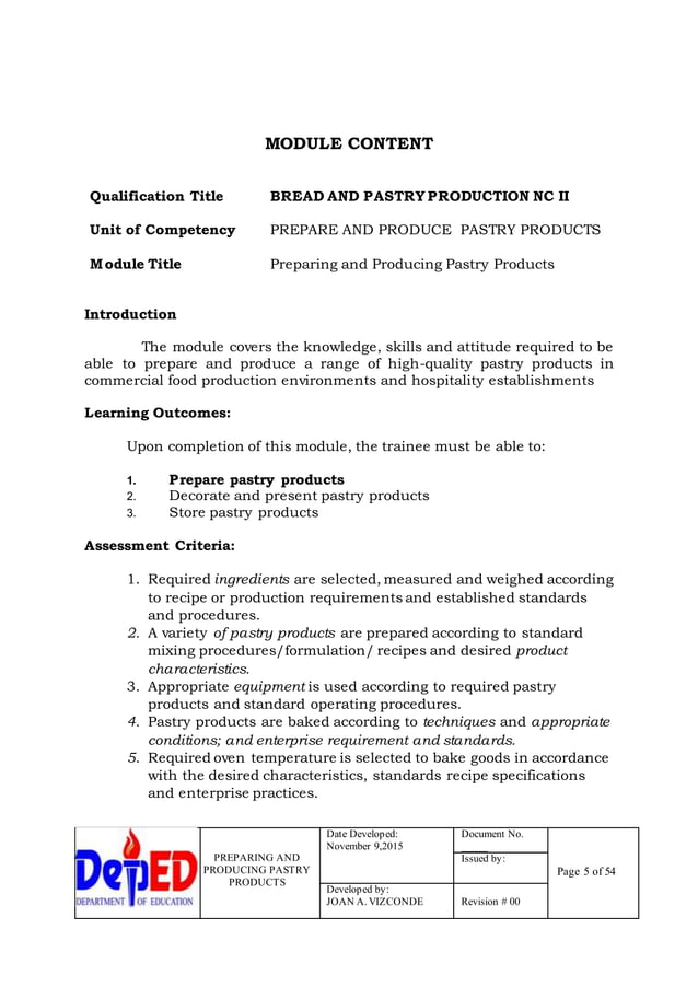 LEARNING MODULE in Bread and Pastry Production-UC2 Prepare and Produce ...