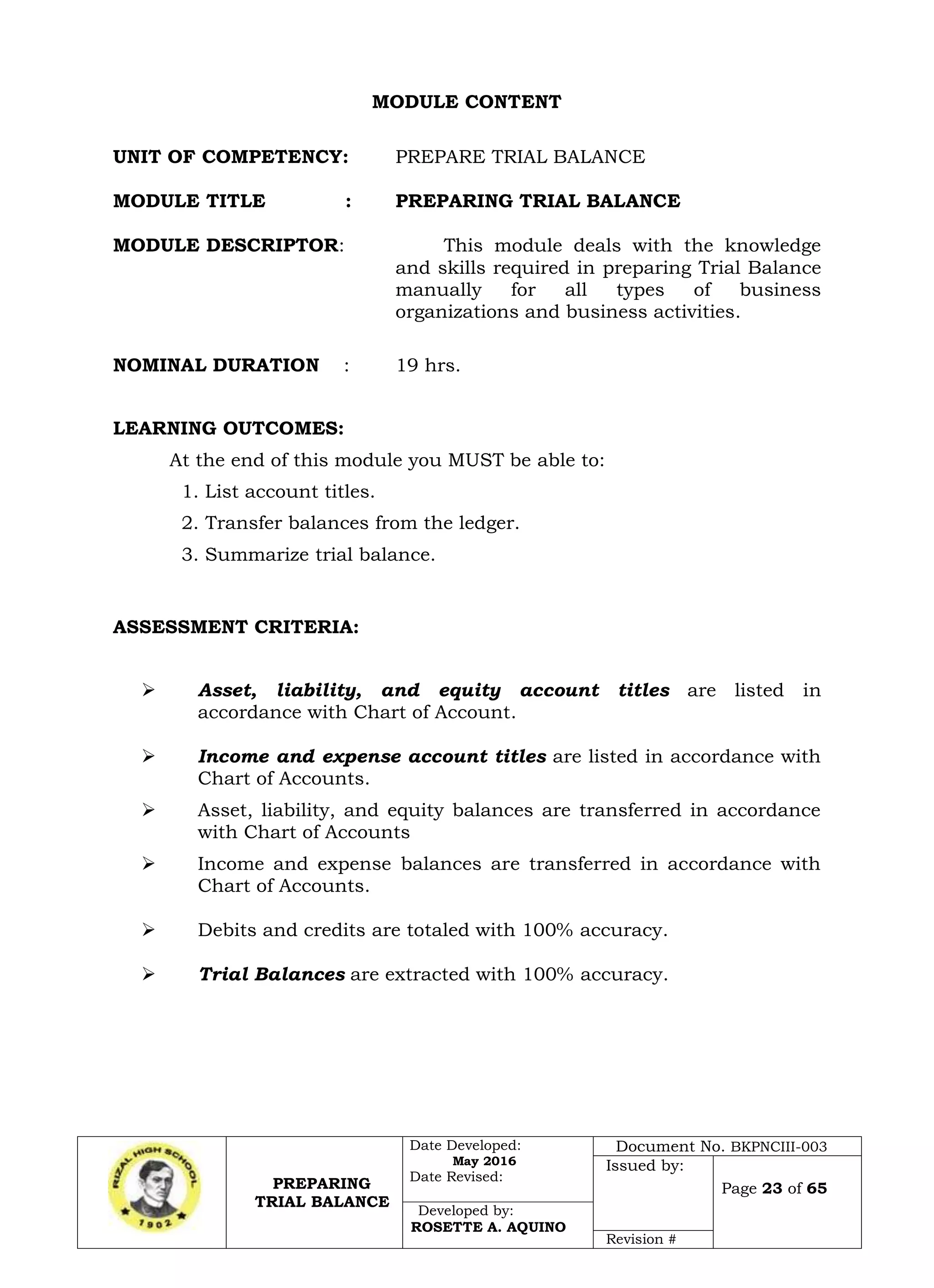 CBLM BOOKKEEPING NC III-PREPARING TRIAL BALANCE | PDF