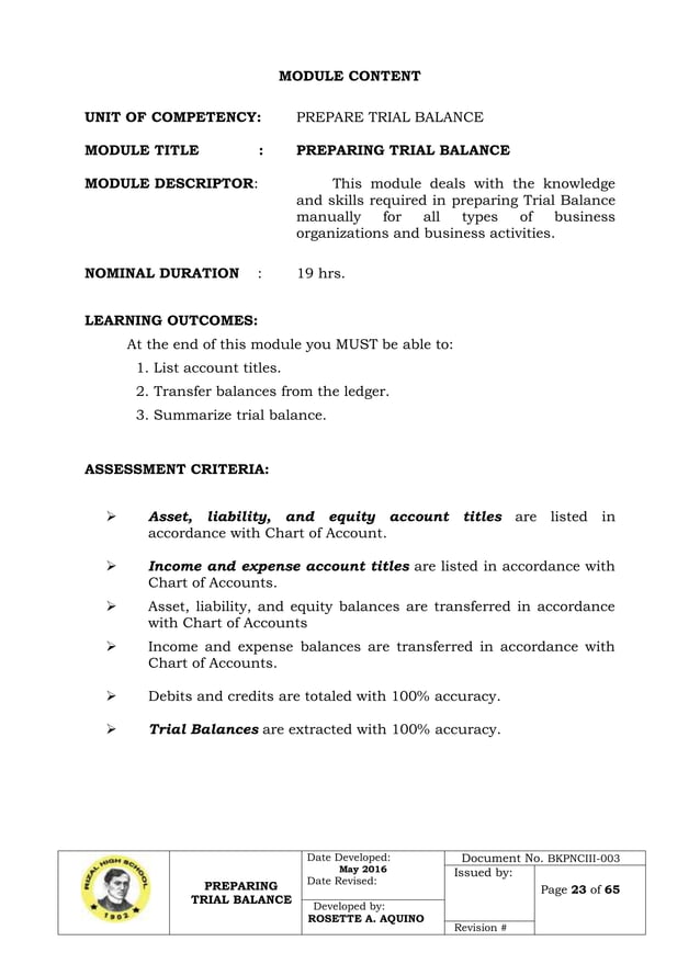 CBLM BOOKKEEPING NC III-PREPARING TRIAL BALANCE | PDF