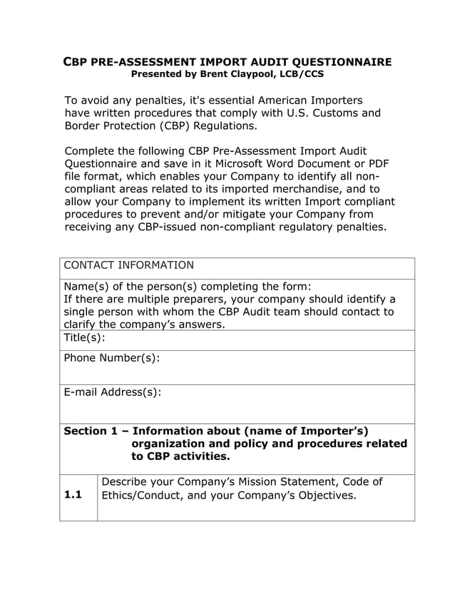 CBP PRE-AUDIT ASSESSMENT QUESTIONNAIRE | PDF