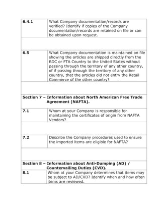 CBP PRE-AUDIT ASSESSMENT QUESTIONNAIRE | PDF