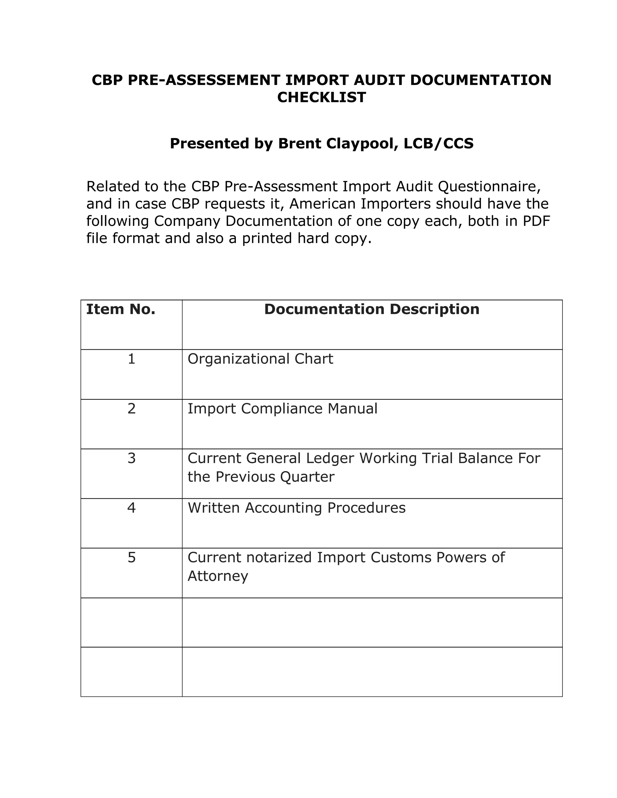 CBP PRE-ASSESSMENT IMPORT AUDIT QUESTIONNAIRE | PPTX