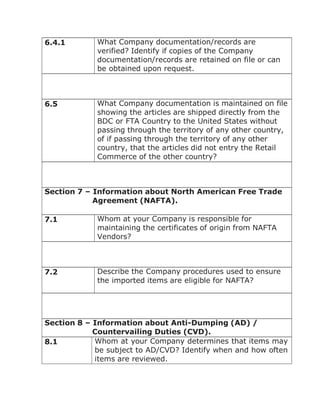 CBP PRE-ASSESSMENT IMPORT AUDIT QUESTIONNAIRE | PPTX