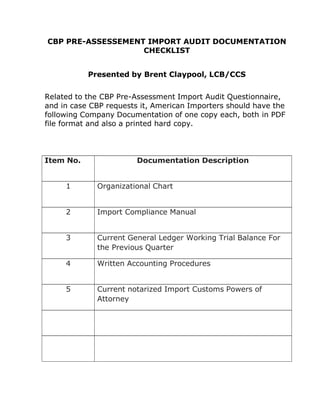CBP PRE-ASSESSMENT IMPORT AUDIT QUESTIONNAIRE | PPTX