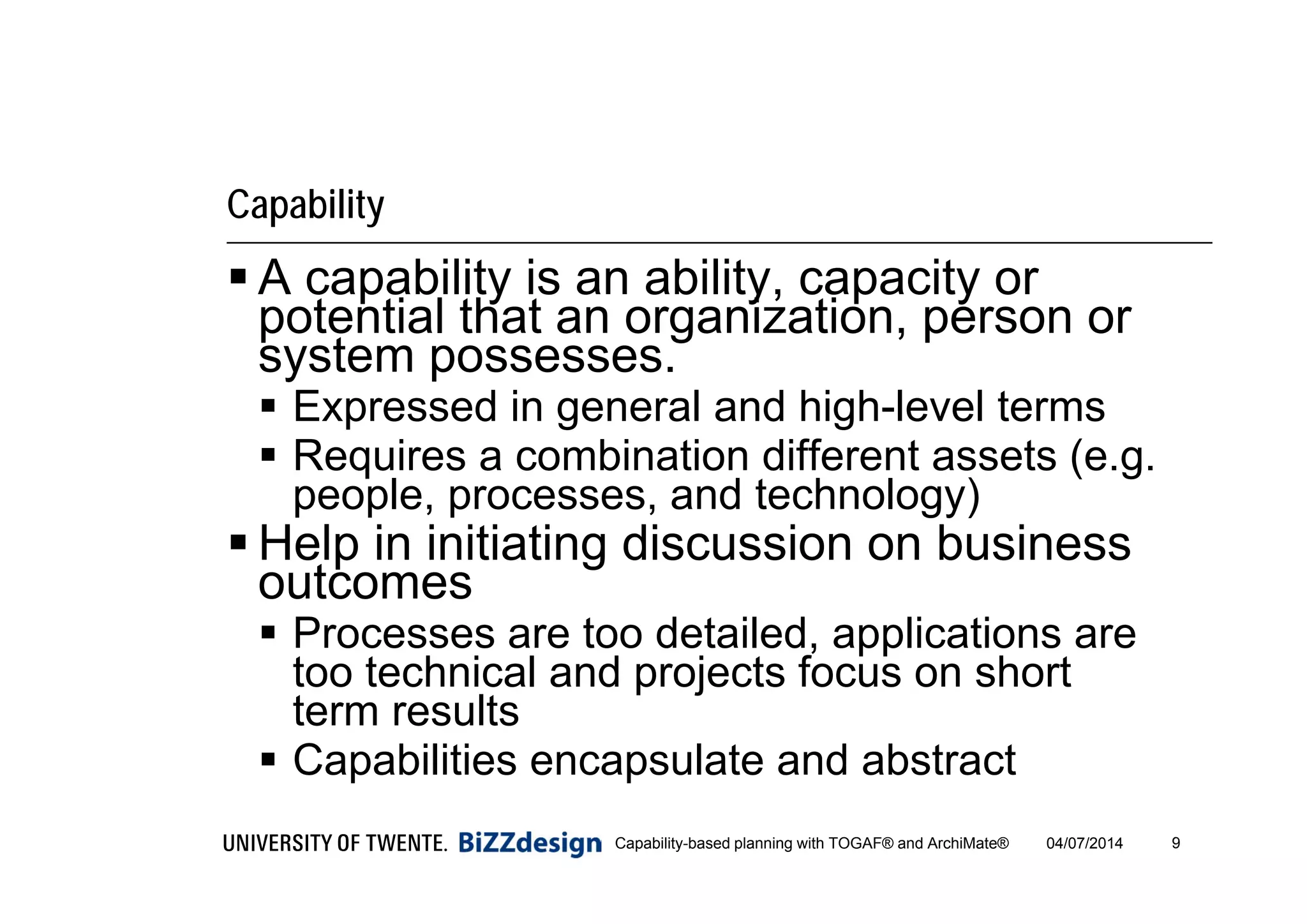 Capability-based planning with TOGAF & ArchiMate | PDF