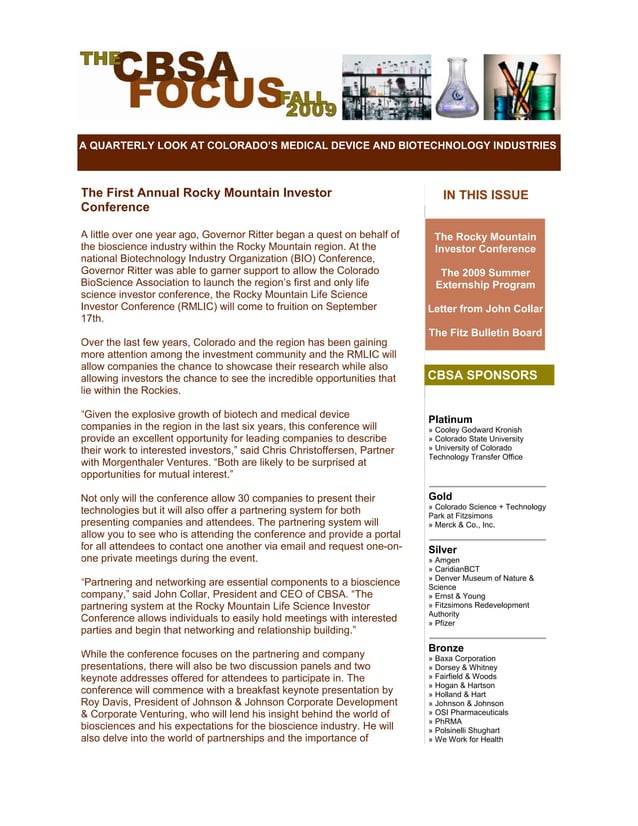 Colorado BioScience Association 2009 Fall Focus Newsletter | PDF ...