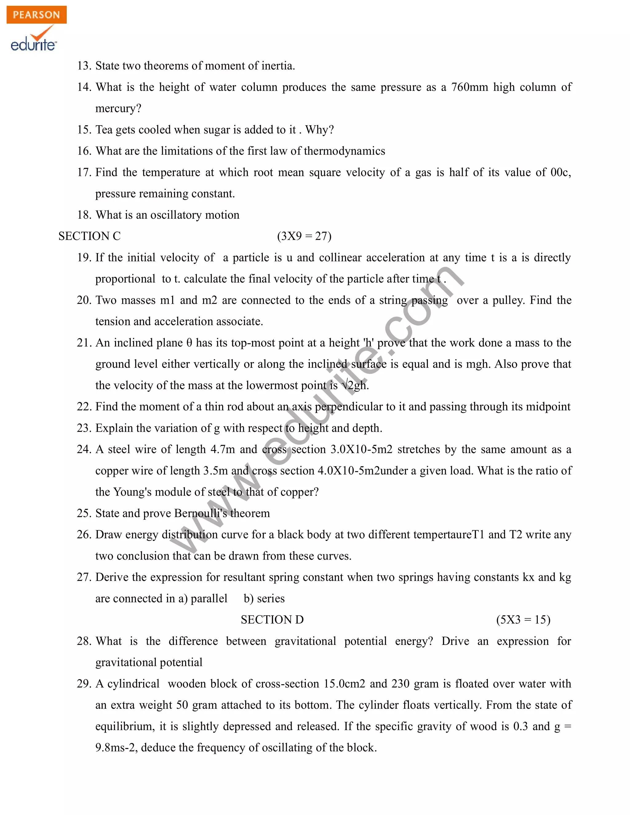 Class 11 Cbse Physics Sample Paper Model 1 | PDF