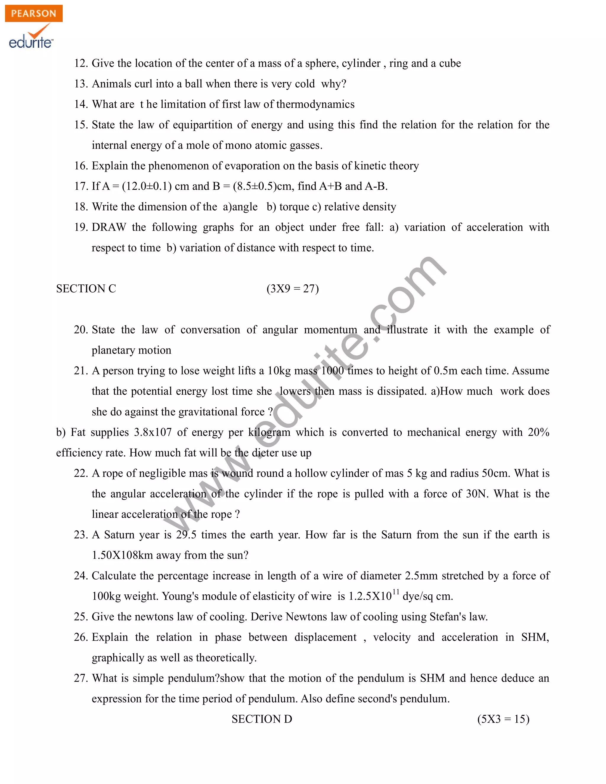 Class 11 Cbse Physics Sample Paper Model 3 | PDF