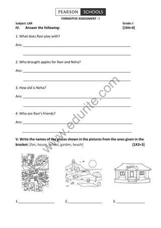 Class 1 CBSE English Question Paper FA 1 | PDF