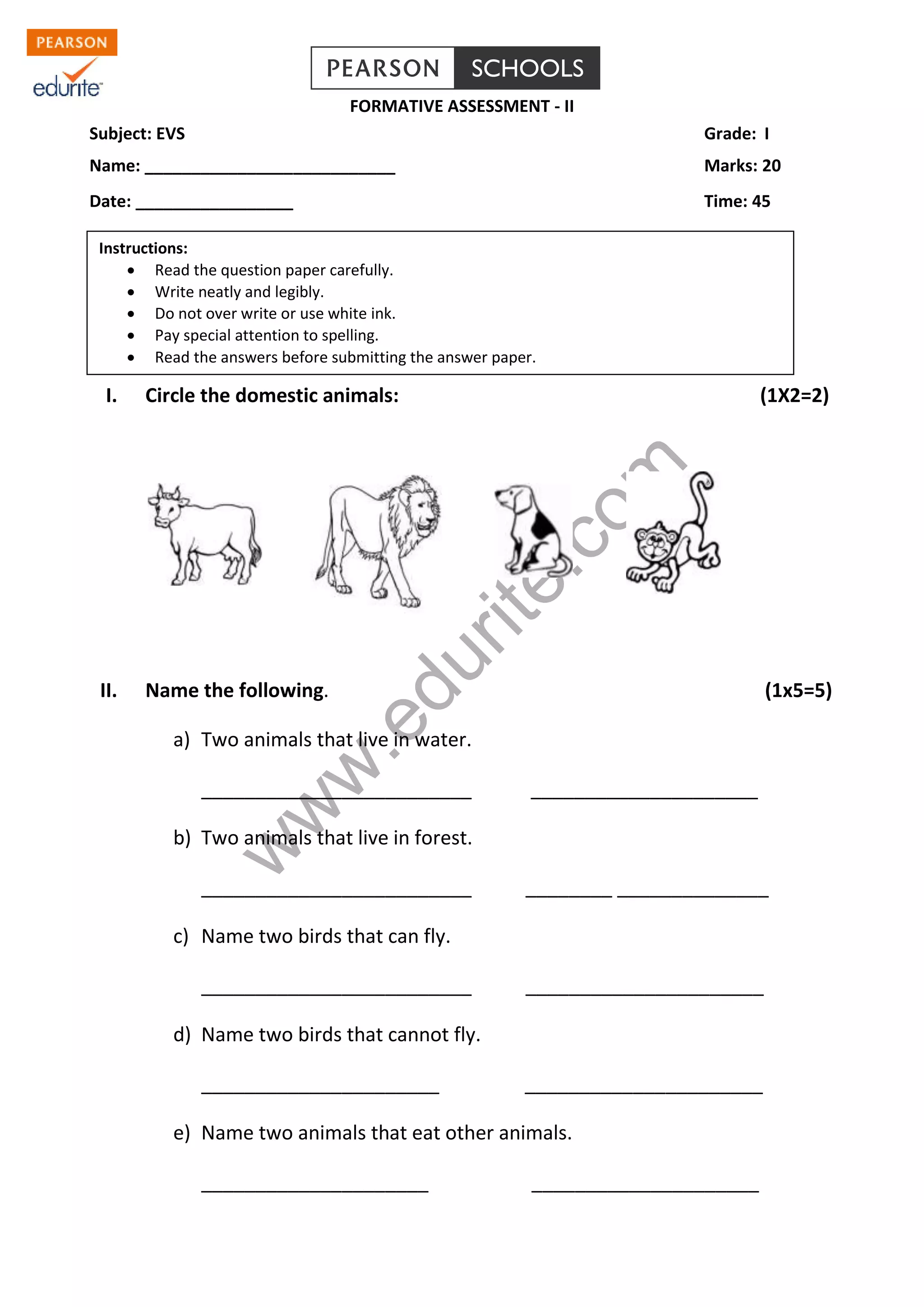 Class 1 CBSE EVS Question Paper FA 2 | PDF