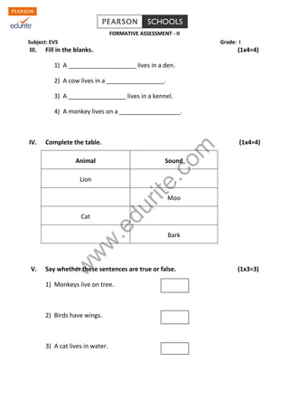 Class 1 CBSE EVS Question Paper FA 2 | PDF