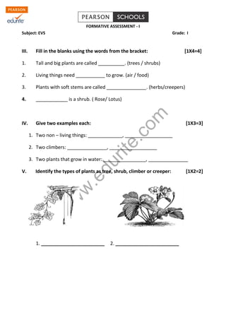 Class 1 CBSE EVS Question Paper | PDF