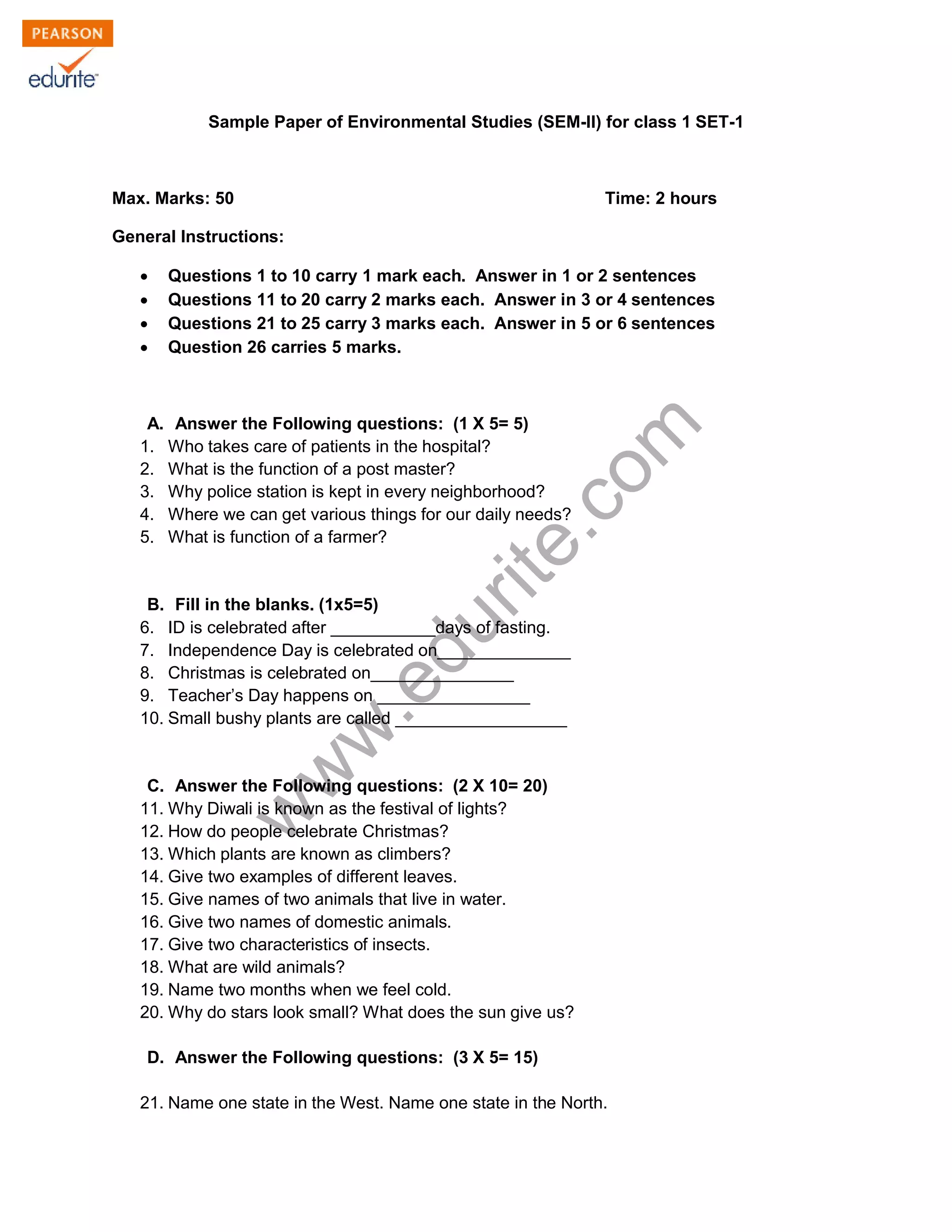 Class 1 CBSE EVS Sample Paper Term 2 Model 1 | PDF