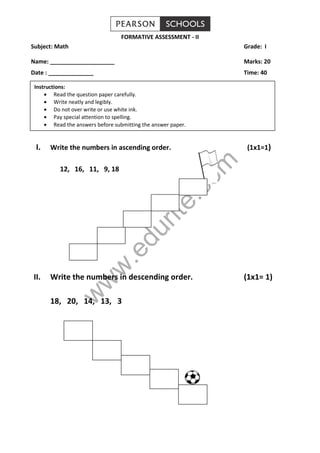 Class 1 CBSE 1 Maths Question Paper FA 2 | PDF
