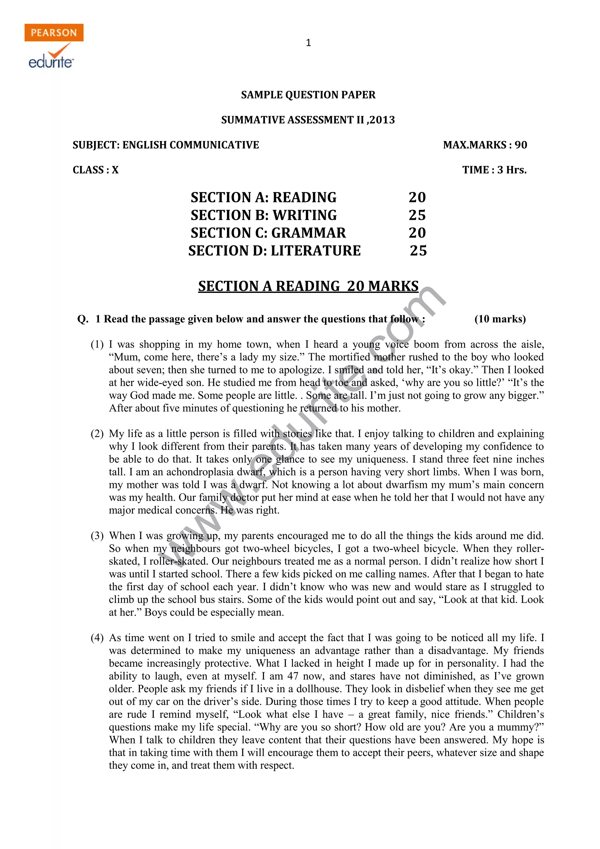 Class 10 Cbse English Communicative Sample Paper 2013 Model 2 | PDF