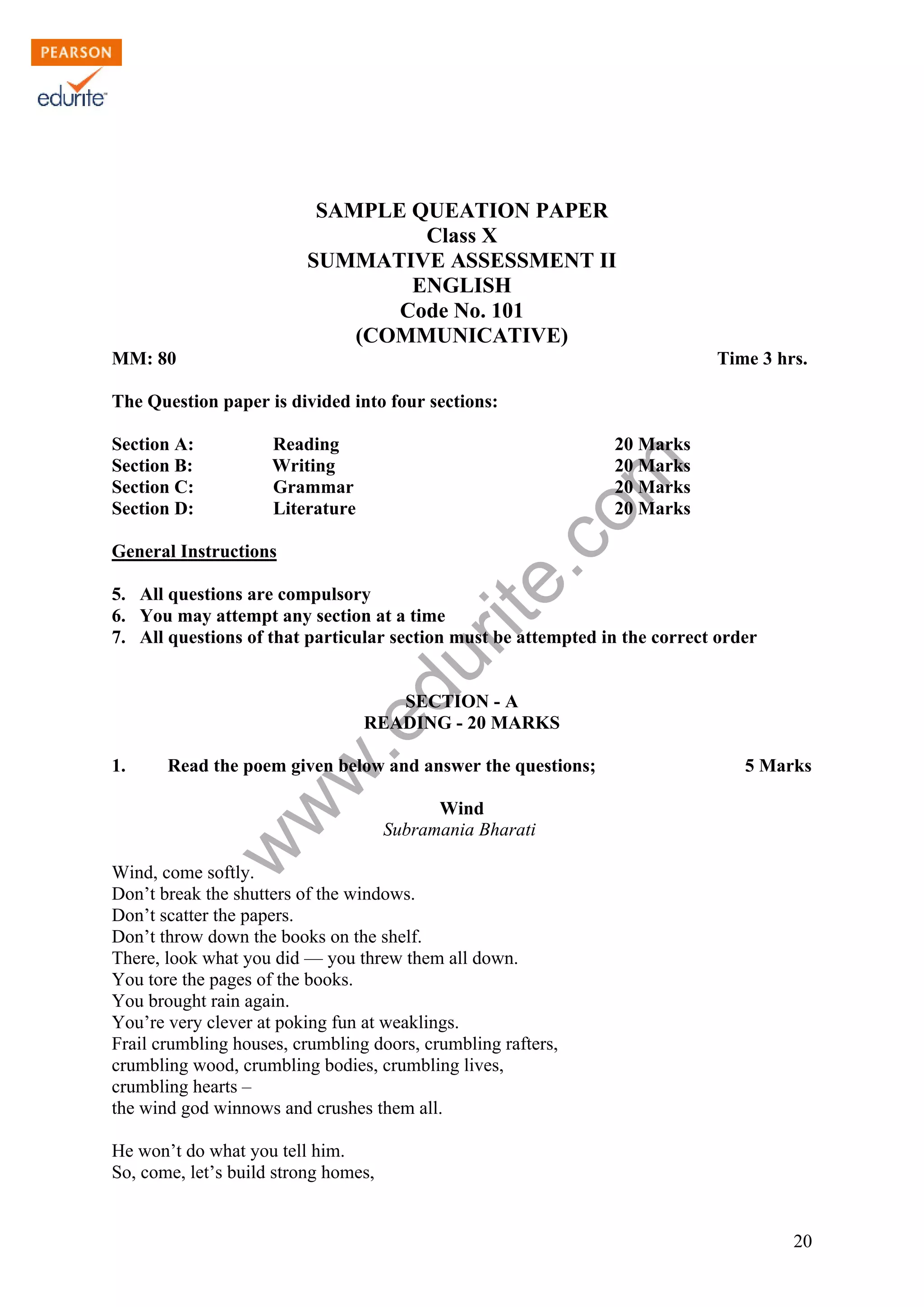 Class 10 Cbse English Communicative Sample Paper Term 2 2011 | PDF
