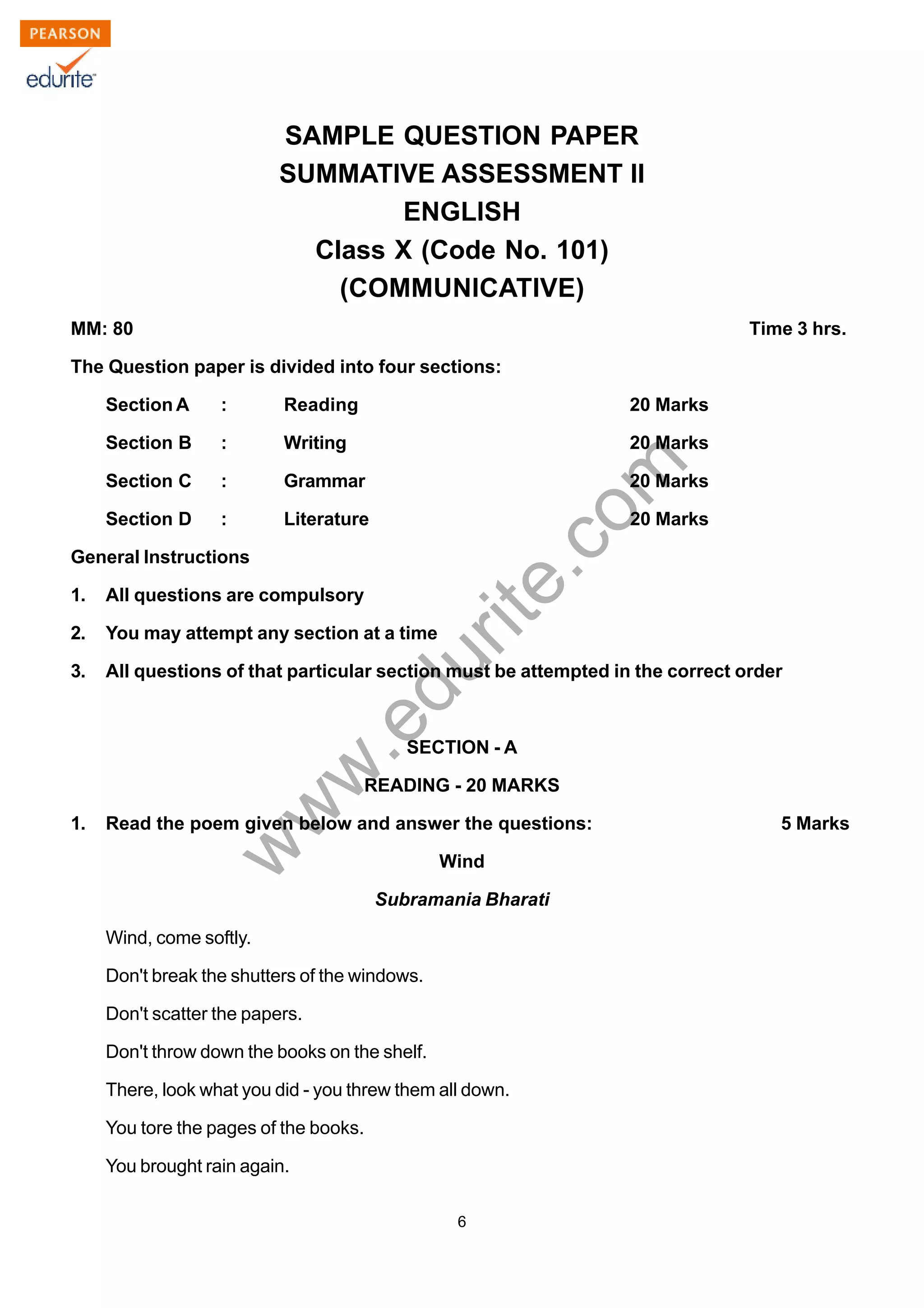 Class 10 Cbse English Communicative Sample Paper Term 2 2012 | PDF